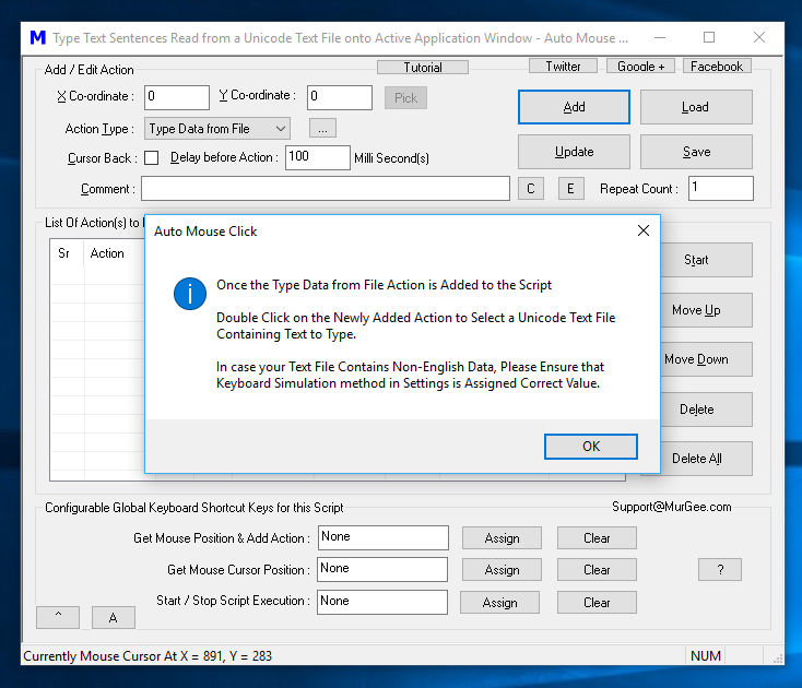 Type Text Sentences Read From A Unicode Text File Onto Active
